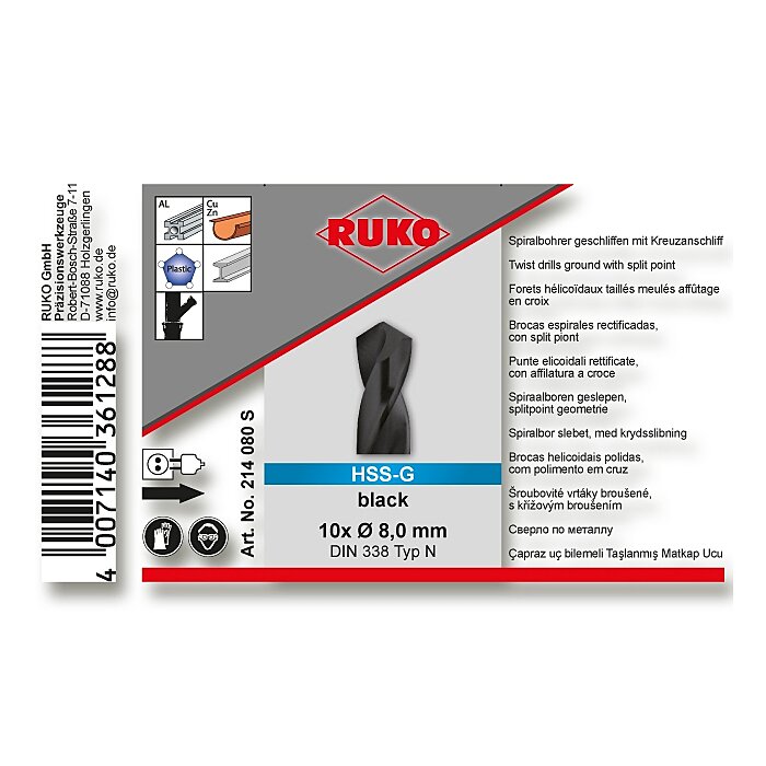 Ruko Spiralbohrer DIN 338 HSS-G Kreuz 8,0 dampfangel. 214080S ...