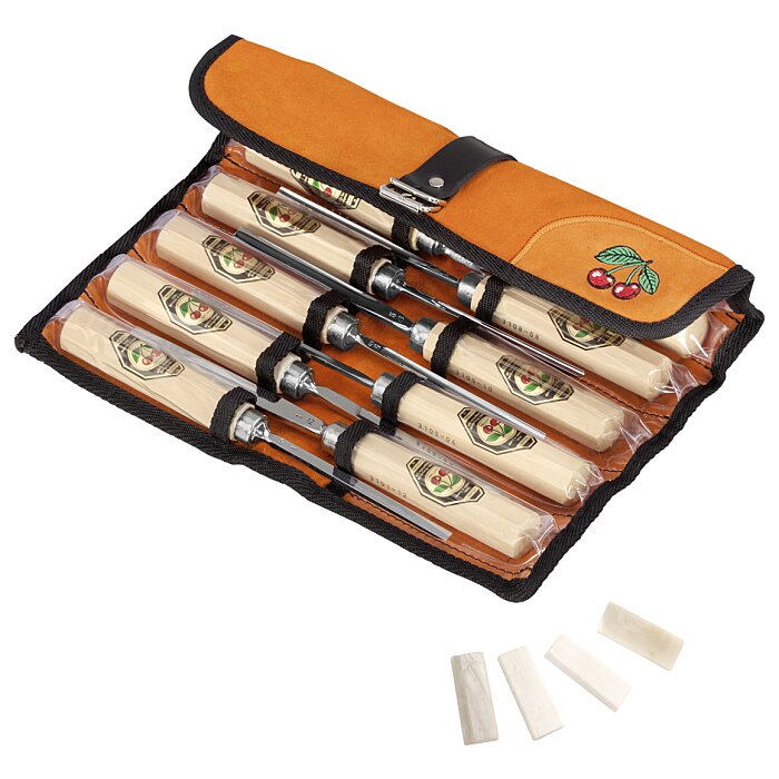 KIRSCHEN Bildhauerbeitelsatz, Weißbuchenheft in Velourslederrolltasche ...