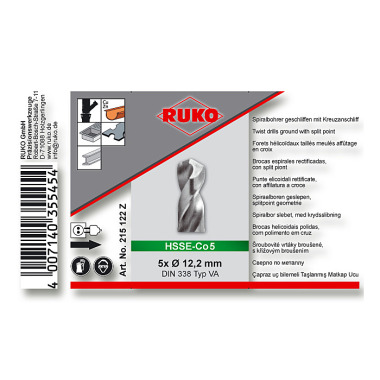 Ruko Spiralbohrer DIN 338 Typ VA HSSE Co 5 215122Z 4007140355454 ...