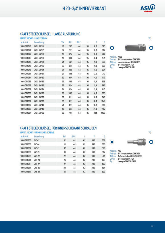 ASW Steckschlüssel 3/4' SW 16 Lange Ausführung 740 L SW 16 ...