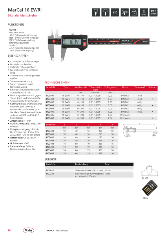 Mahr 16 EWR Dig. Messschieber 150 mm rd.TM Reibrad m.K. 4103301 ...
