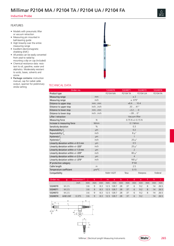 Mahr P2104 TA Inductive probe incl. test report, w. c. 5324071 ...