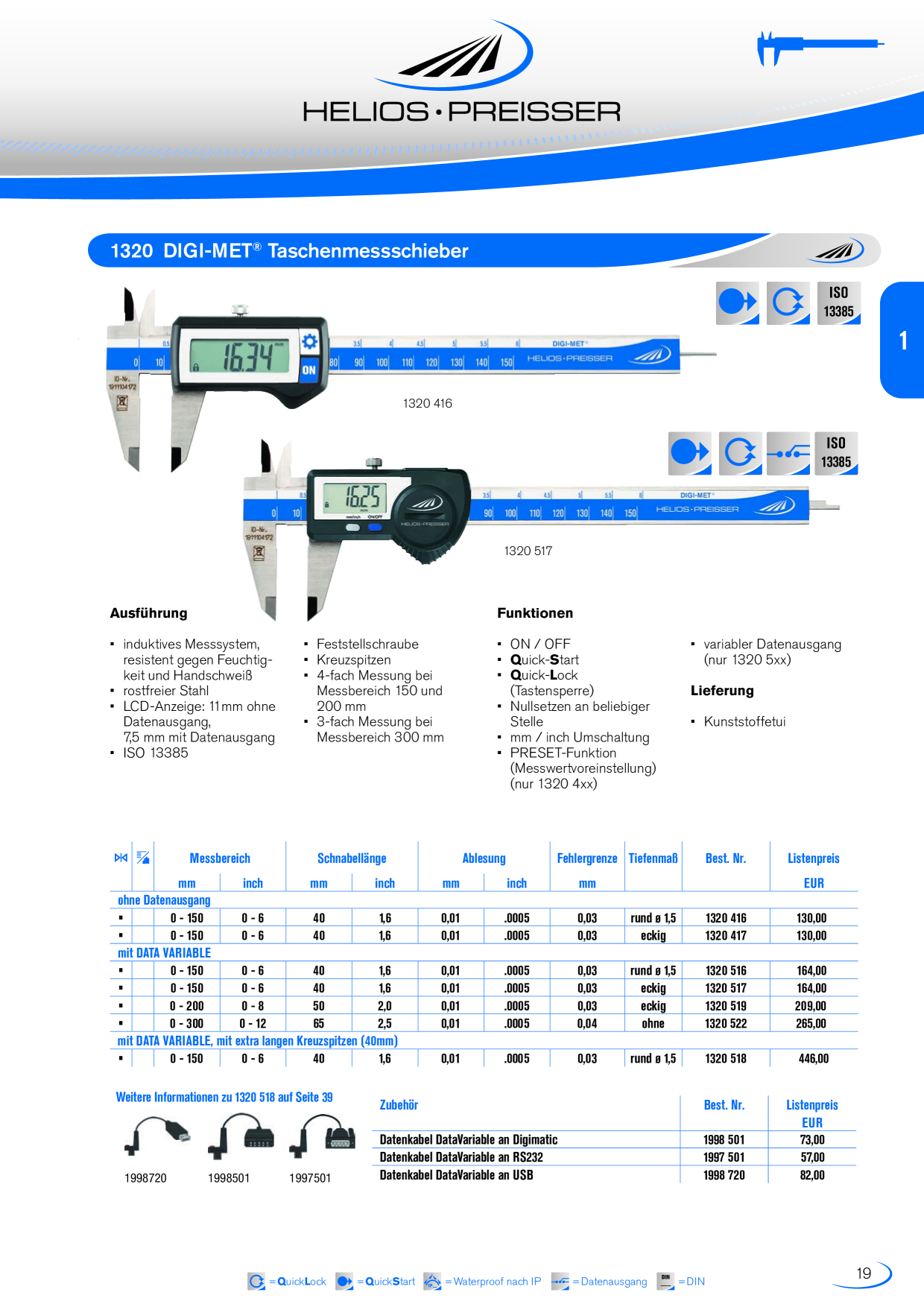 Helios-Preisser Digitaler Taschenmessschieber RS232+ Digimatic DATA VARIABLE eckiges Tiefenmaß ...