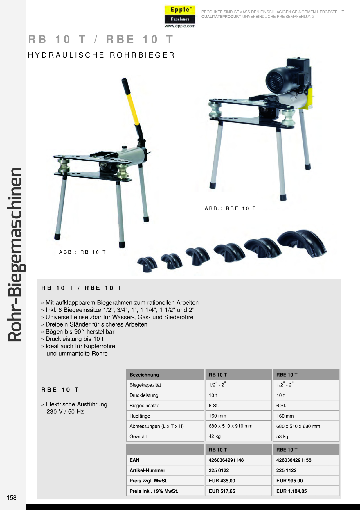 Epple Rohrbieger hydraulisch RB 10t - Hydraulischer Rohrbieger mit Biegekapazität 1/2” - 2” und ...