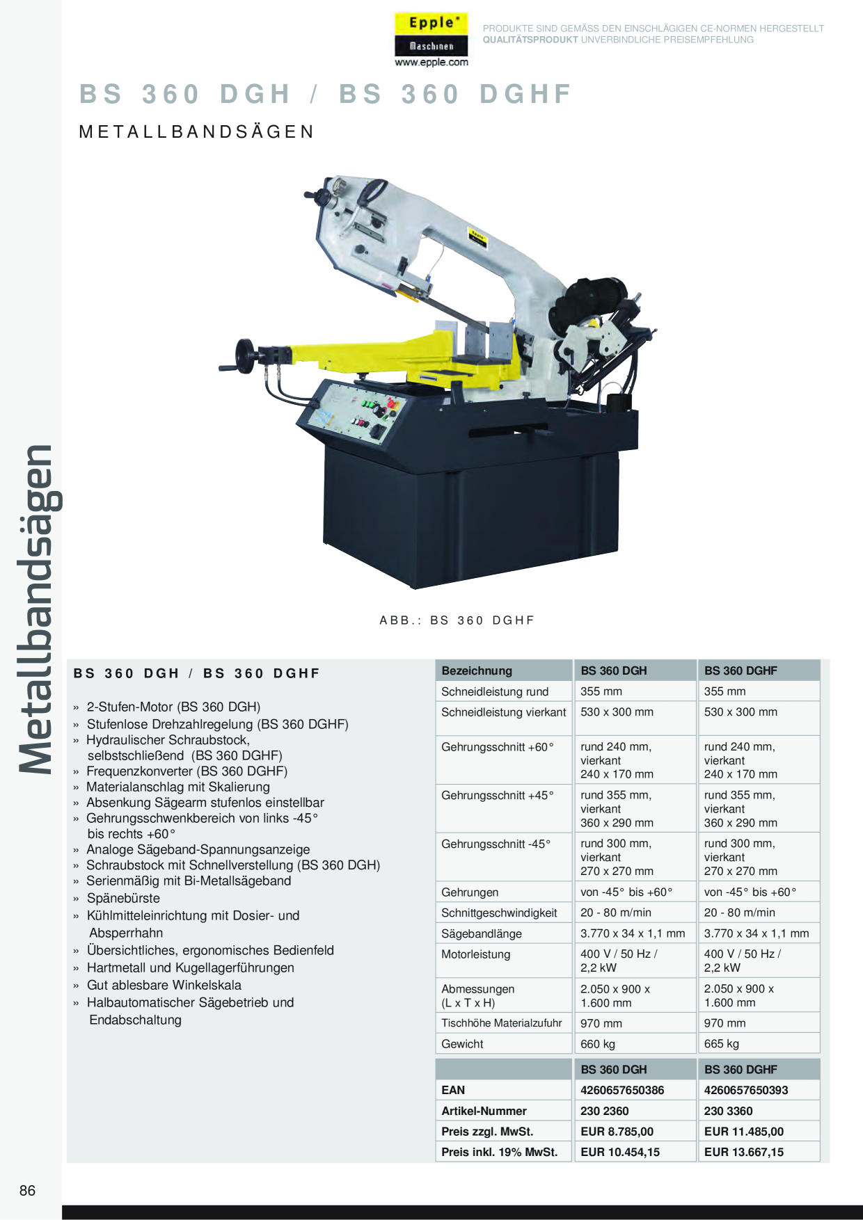 Epple E-BS 230 DGH - Metallbandsäge mit stufenloser Verstellung der Schnittgeschwindigkeit ...