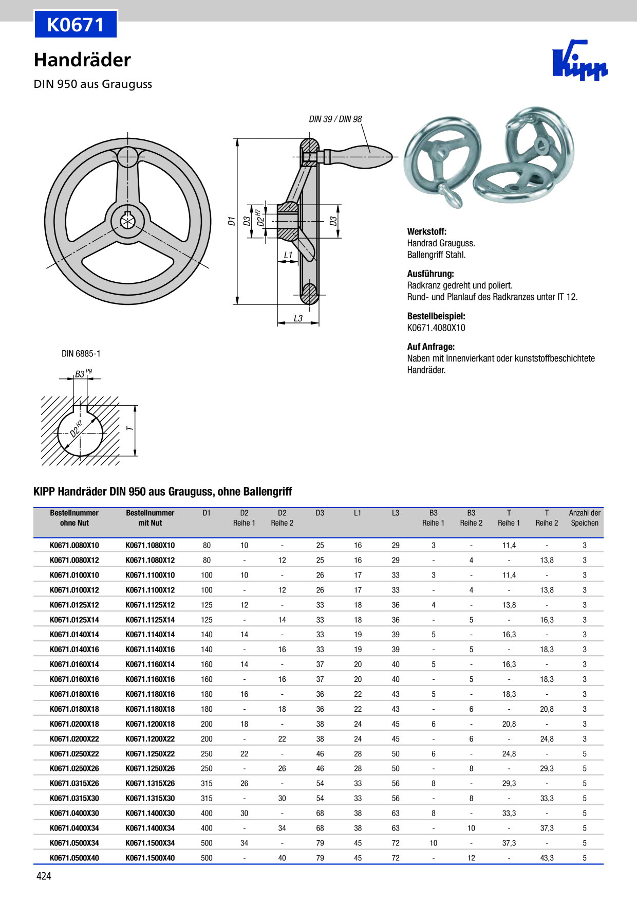 KIPP Handrad Din950, D1=315 Passbohrung D2=30H7, Grauguss, ohne Griff K0671.0315X30 ...