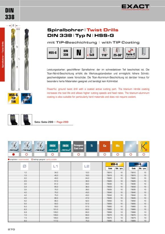 EXACT Spibo DIN 338 HSS-G TIAlN-Tip EXACT Ø 10,0 mm Typ N 73900 ...